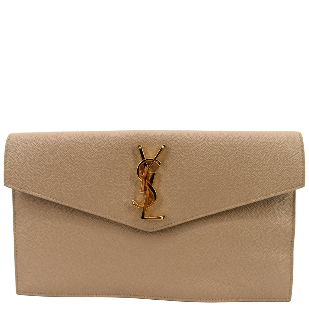 YVES SAINT LAURENT Uptown Envelope Grain De Poudre Leather Clutch Beig
