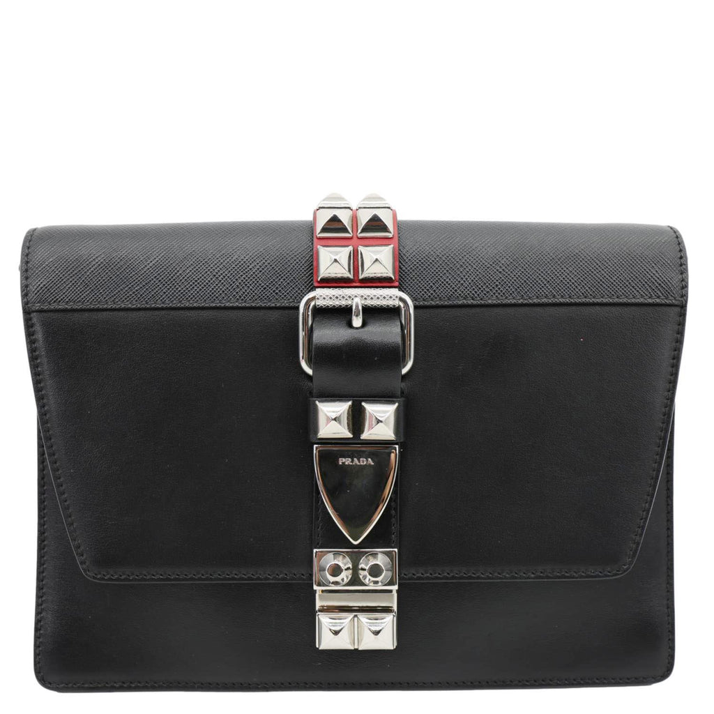 PRADA Studded Elektra Saffiano Leather Crossbody Bag Black