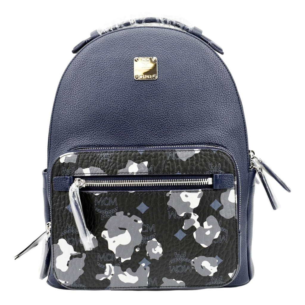 MCM Leopard Klassik Visetos Leather Backpack Bag Navy Blue
