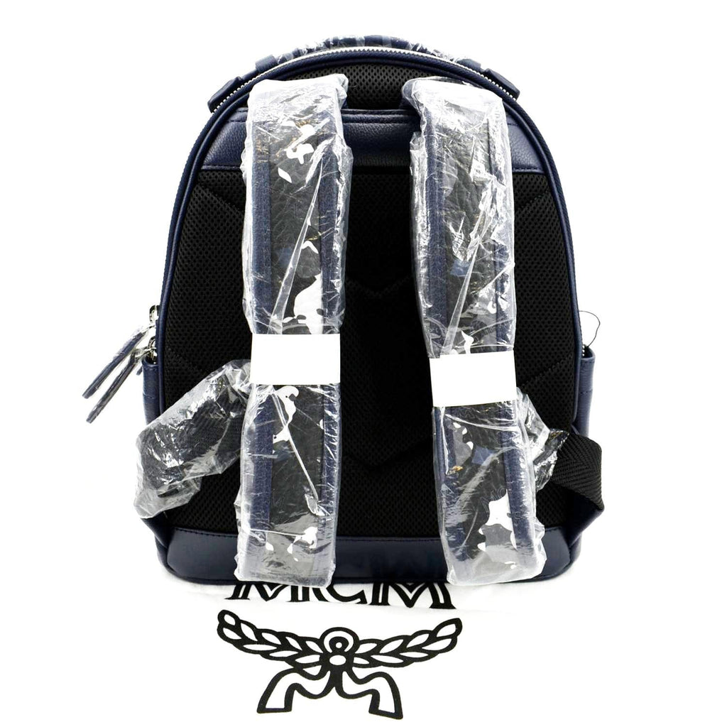 MCM Leopard Klassik Visetos Leather Backpack Bag Navy Blue