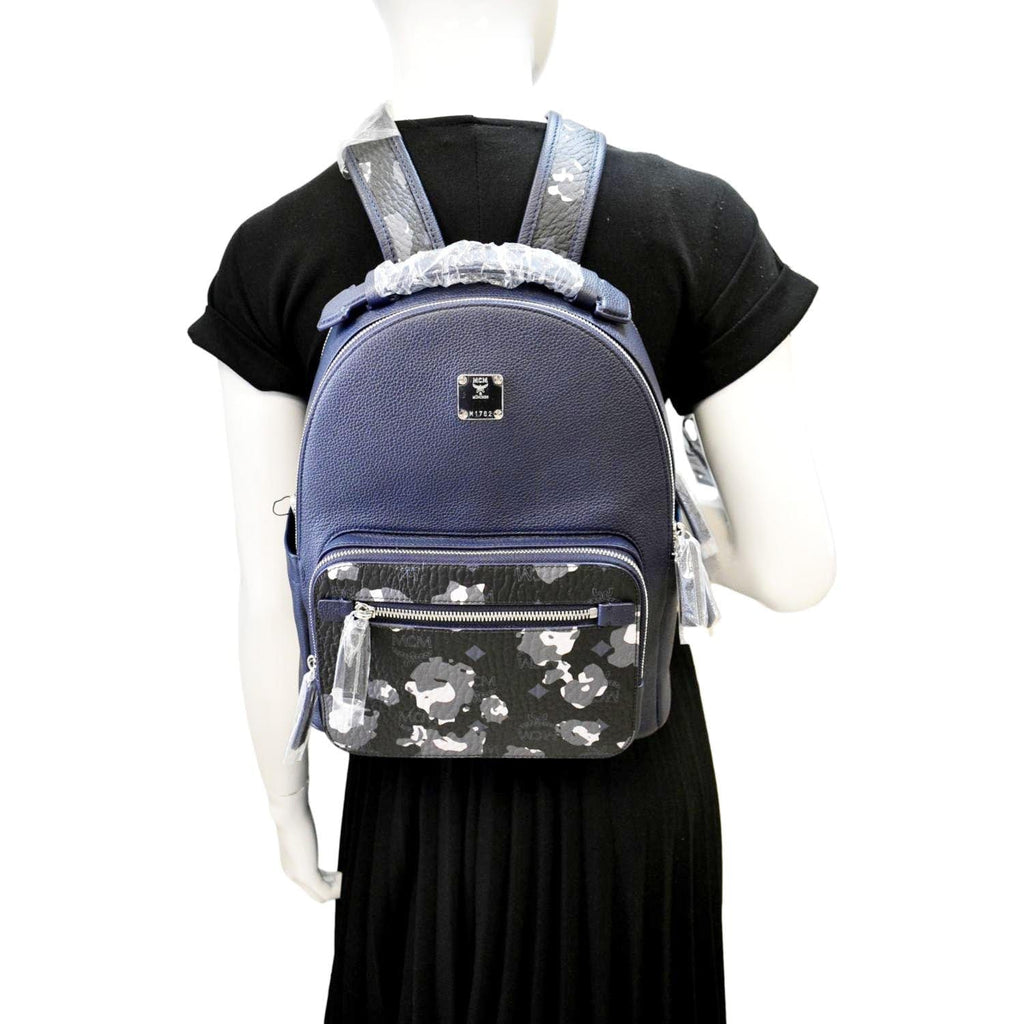 MCM Leopard Klassik Visetos Leather Backpack Bag Navy Blue