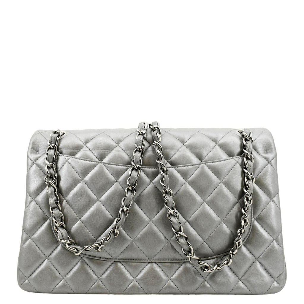 CHANEL Jumbo Flap Quilted Leather Shoulder Bag Metallic Silver