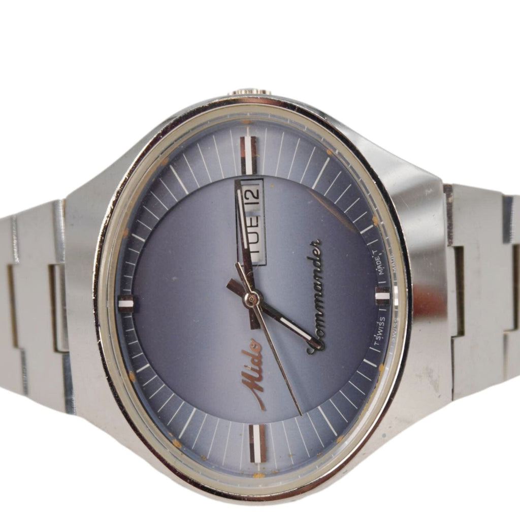Mido Commander 1970 Day Date Men's Stainless Steel Watch Blue Grey Dia