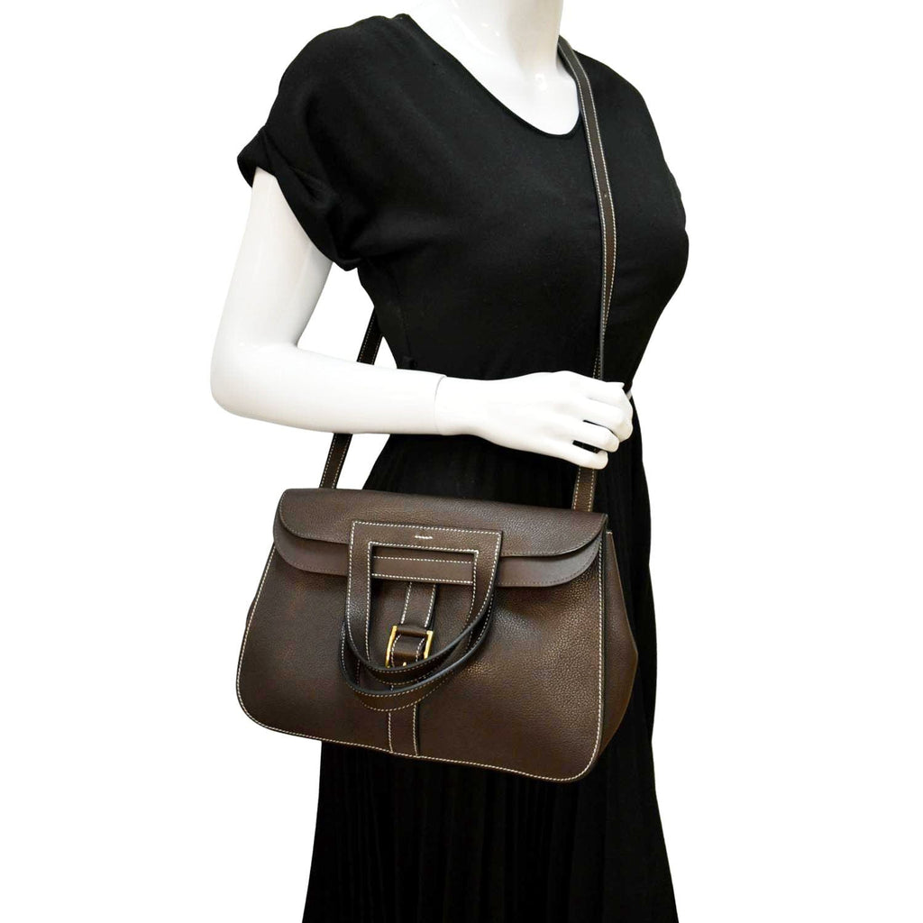 HERMES Halzan 31 Clemence Leather Crossbody Bag Etoupe