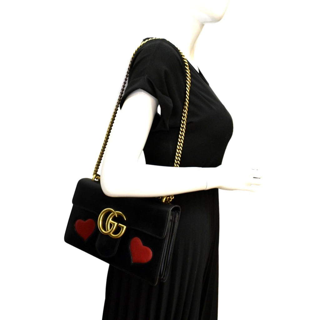 GUCCI Knight Malaga Kid Heart Medium Leather Crossbody Bag Black 43177