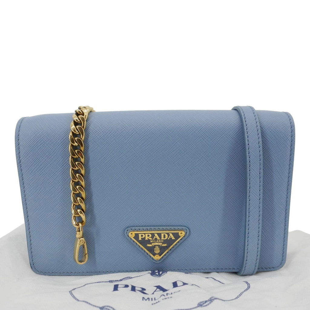 PRADA Bandoliera Saffiano Leather Chain Crossbody Bag Blue