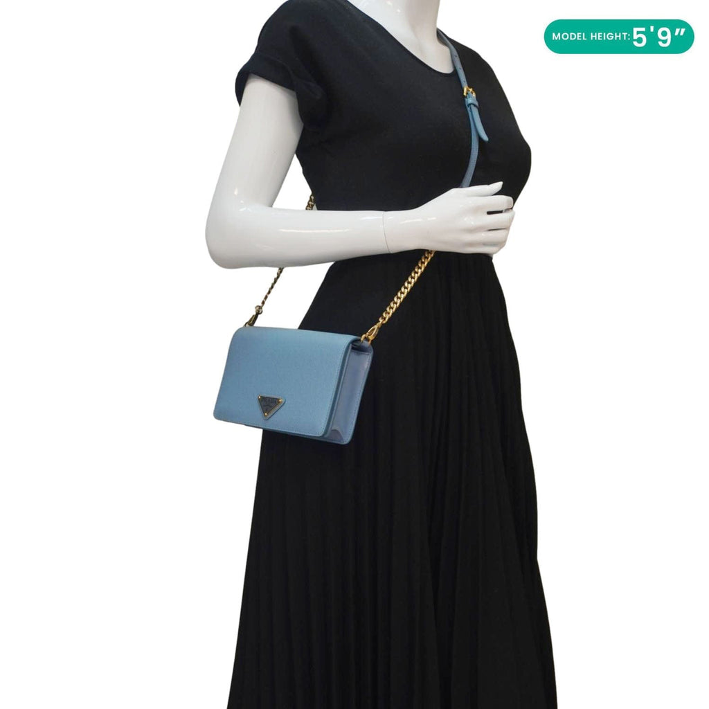 PRADA Bandoliera Saffiano Leather Chain Crossbody Bag Blue