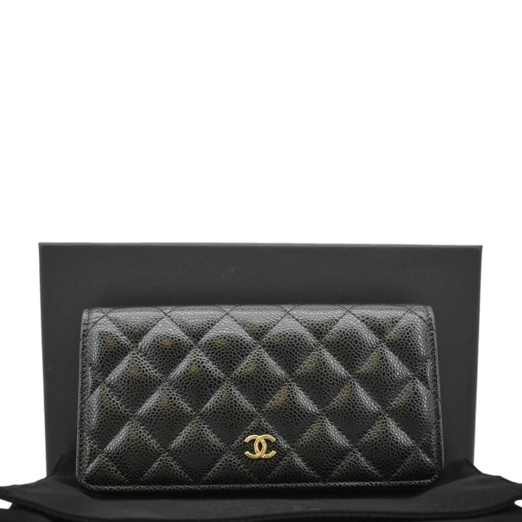 CHANEL Bifold Quilted Caviar Leather Long Wallet Black