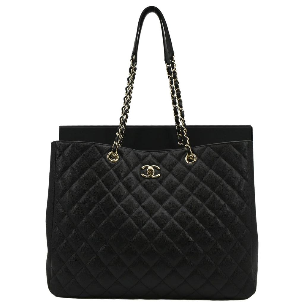 CHANEL Large CC Quilted Leather Tote Shoulder Bag Black