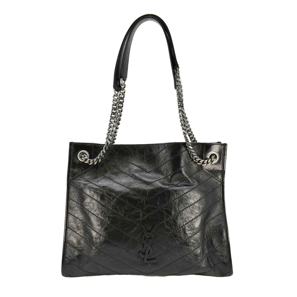 YVES SAINT LAURENT Niki Crinkle Leather Shopper Tote Bag Black