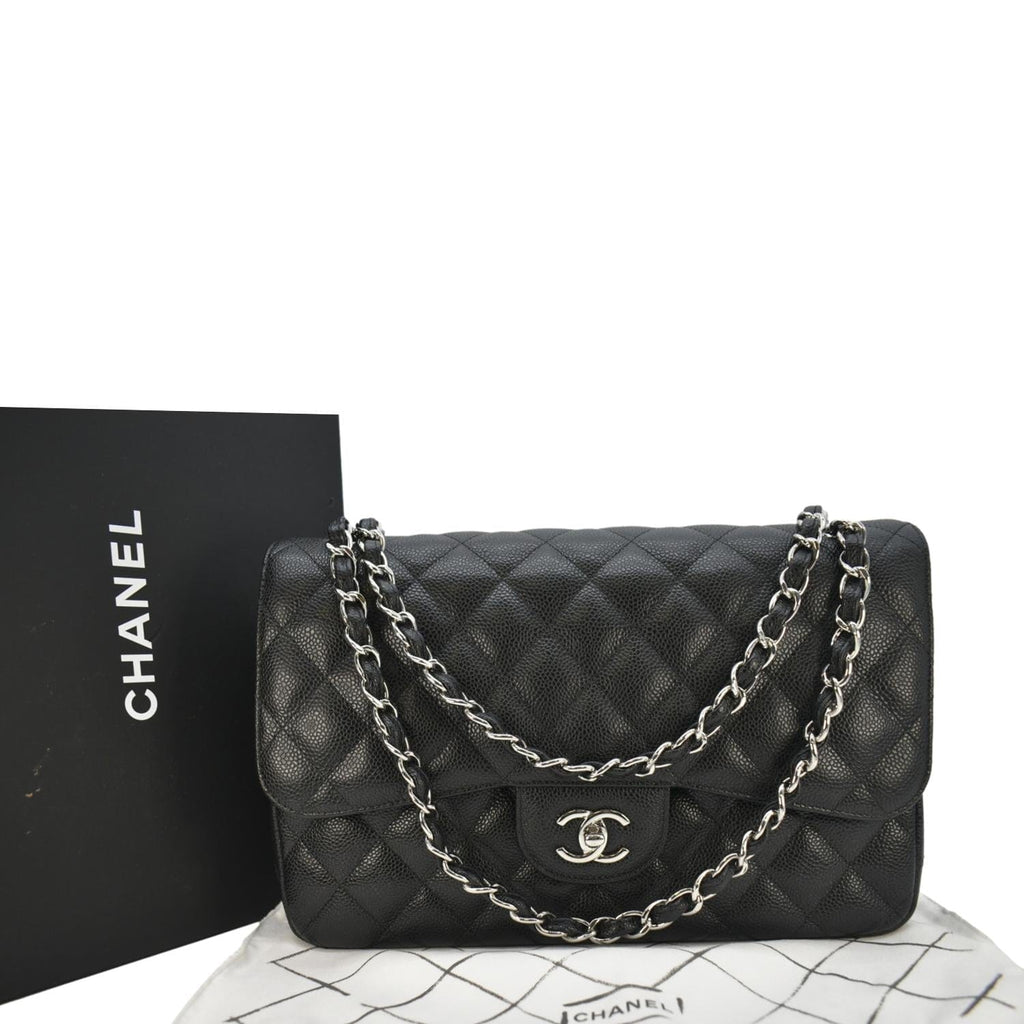 CHANEL Classic Jumbo Double Flap Quilted Caviar Leather Shoulder Bag B