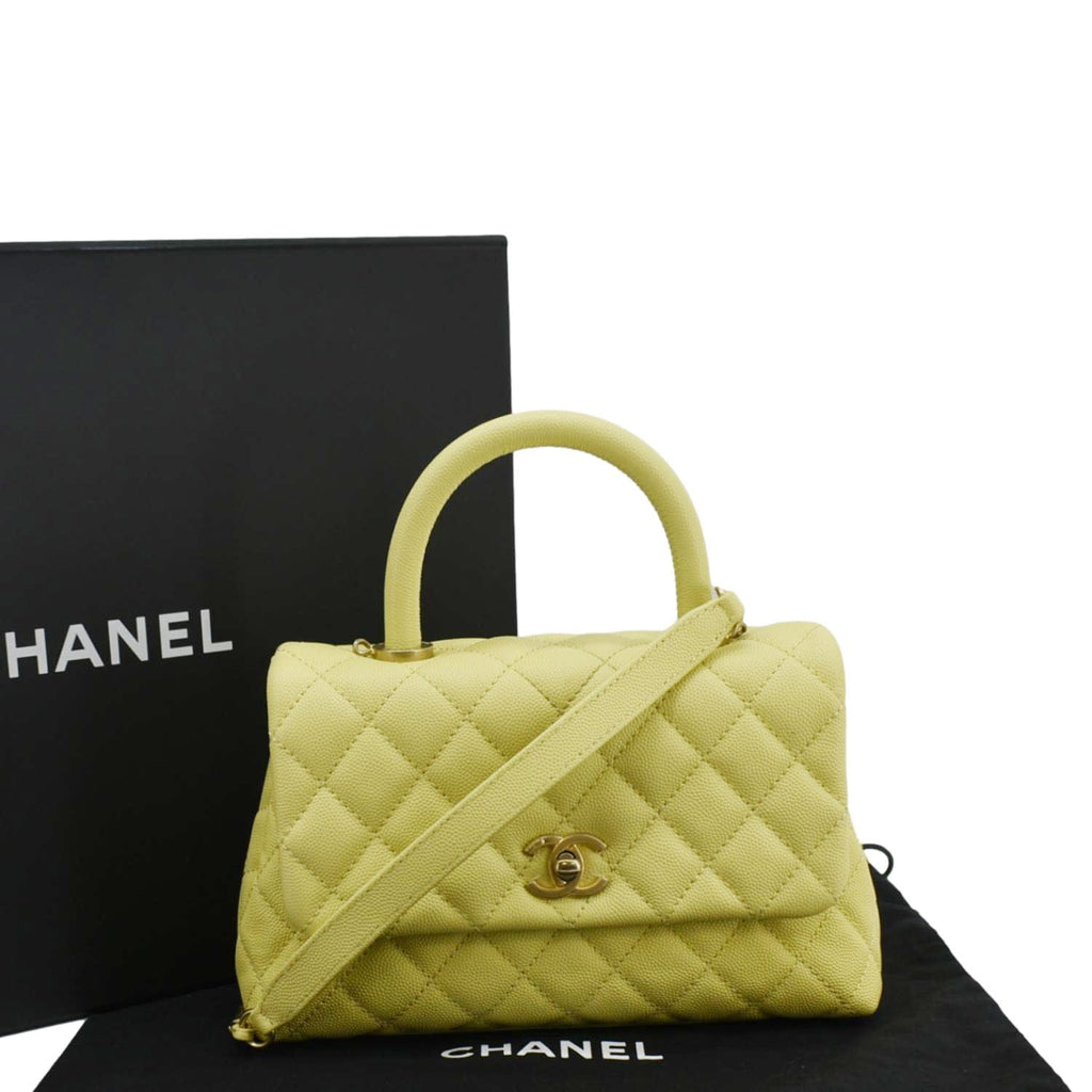 CHANEL CC Coco Flap Caviar Leather Top Handle Shoulder Bag Yellow 2422