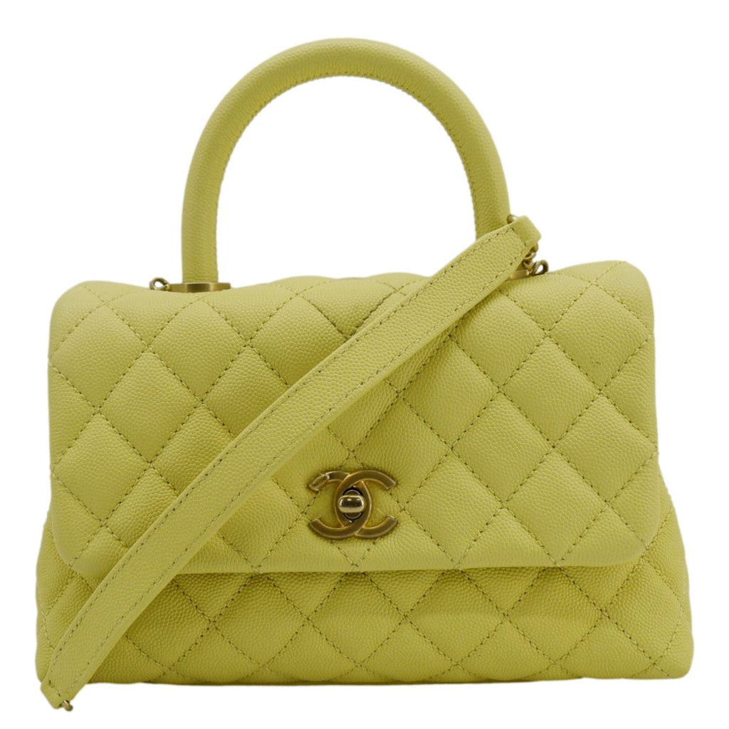 CHANEL CC Coco Flap Caviar Leather Top Handle Shoulder Bag Yellow 2422