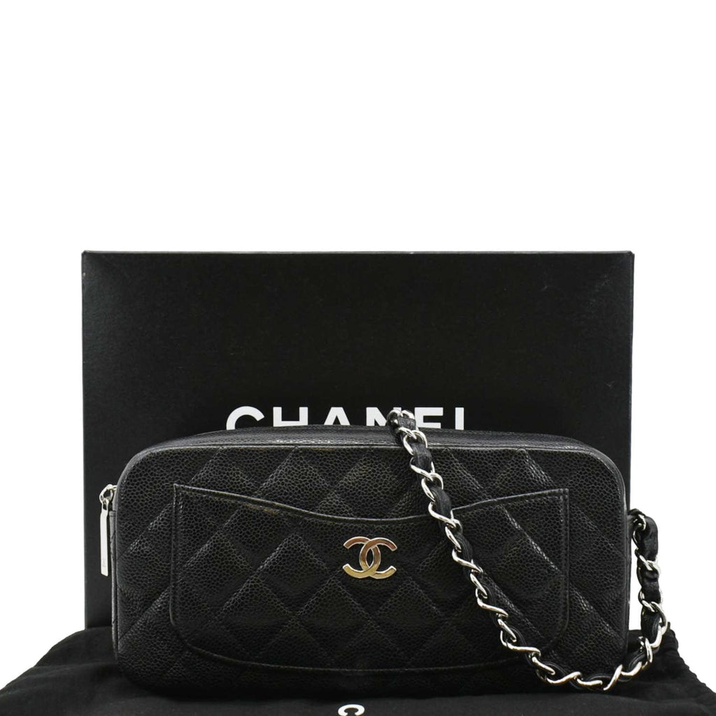 CHANEL Front Pocket Caviar Leather Chain Black Shoulder Bag