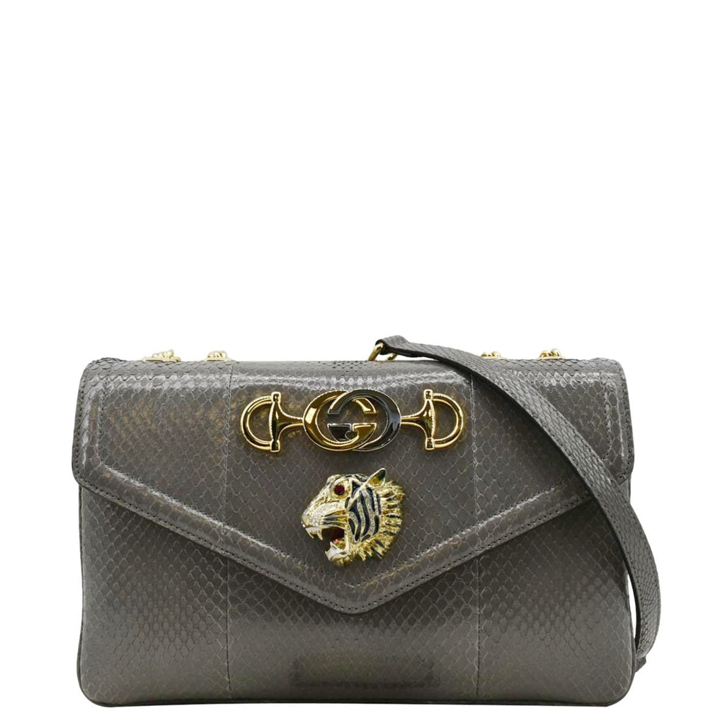 GUCCI Rajah Medium Leather Chain Grey Shoulder Bag