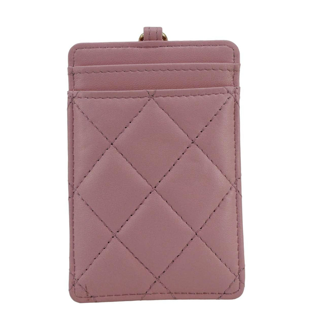 CHANEL CC Quilted Lambskin Leather Chain ID Card Holder Pink