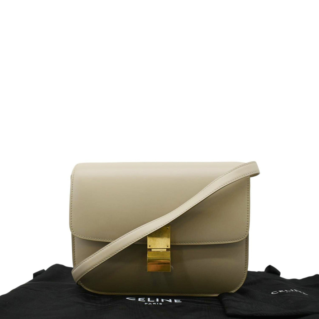 CELINE Classic Box Medium Leather Flap Shoulder Bag Greige