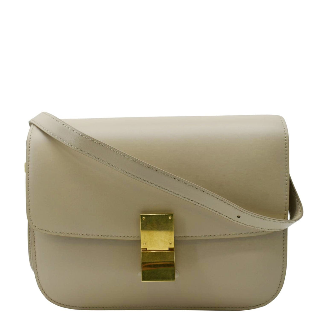 CELINE Classic Box Medium Leather Flap Shoulder Bag Greige