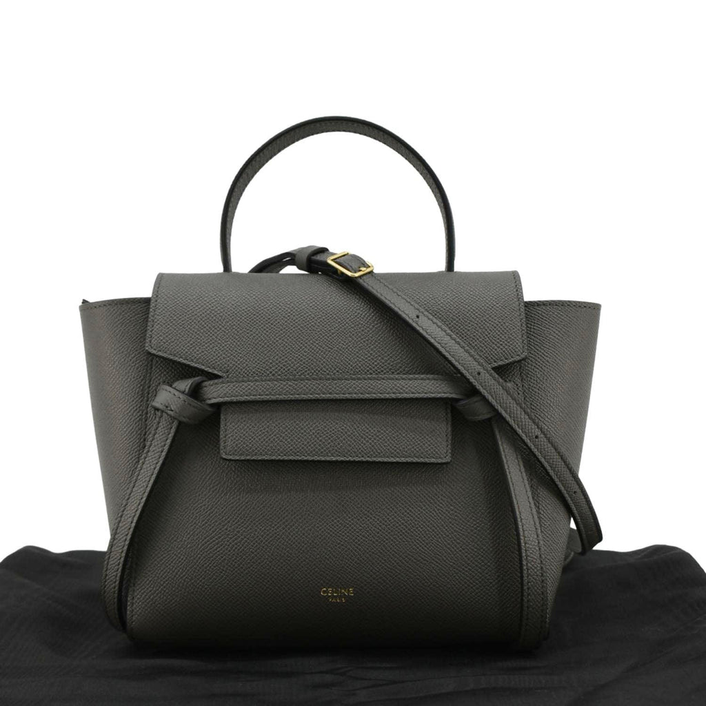CELINE Mini Belt Grained Calfskin Leather Shoulder Bag Dark Grey