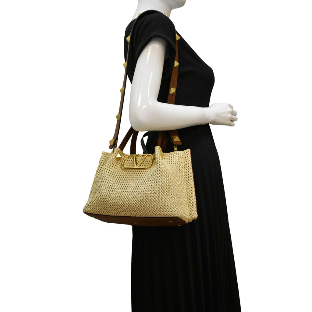 VALENTINO Straw Summer Medium Synthetic Raffia Cream Tote Bag