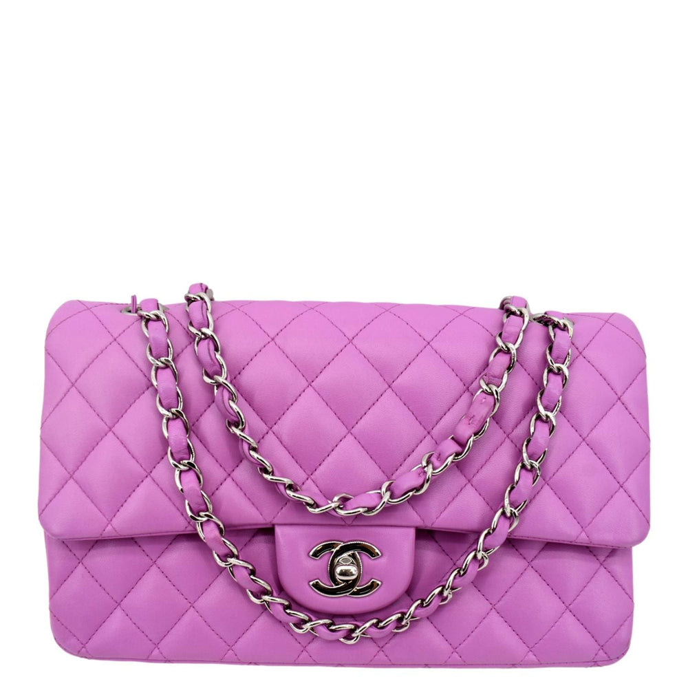 CHANEL Classic Medium Double Flap Quilted Leather Shoulder Bag Neon Pi
