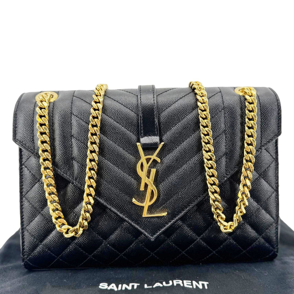 YVES SAINT LAURENT Envelope Flap Quilted Caviar Leather Chain Shoulder