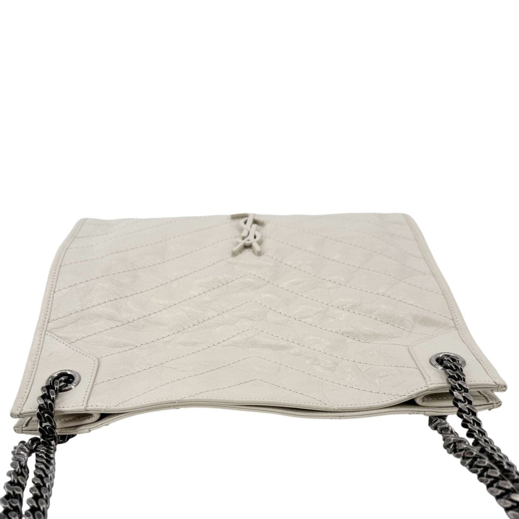 YVES SAINT LAURENT Niki Crinkled Leather Shopper Tote Bag Off White