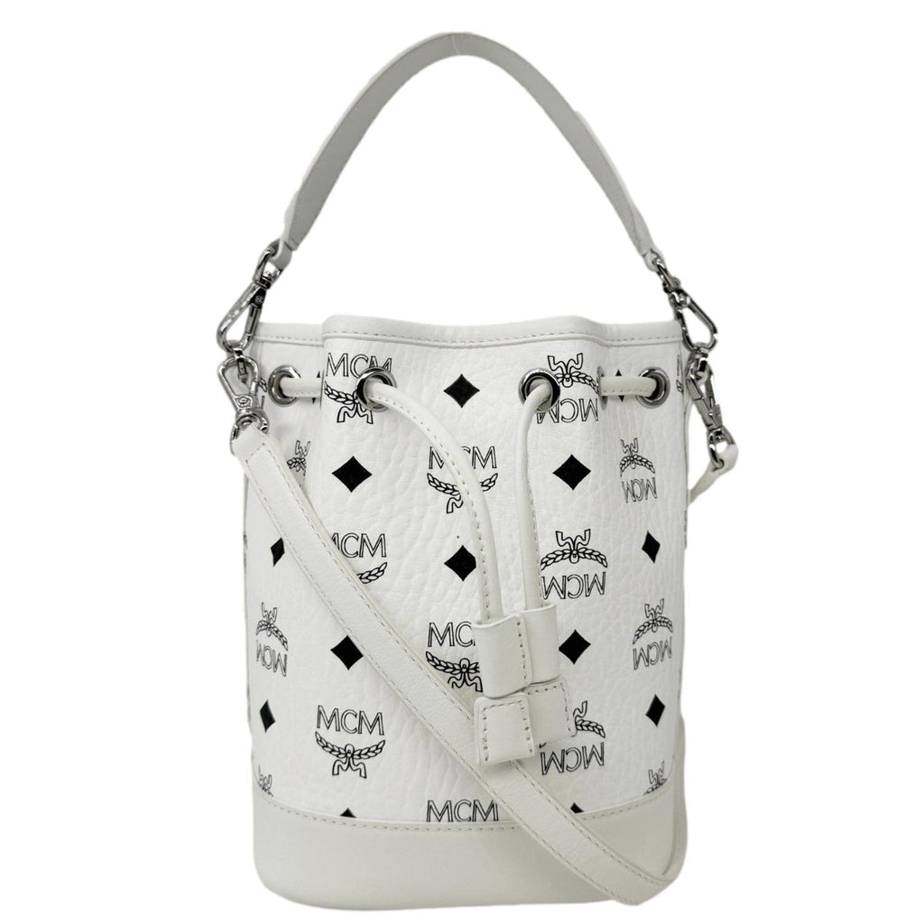 MCM Dessau Drawstring Mini Visetos Monogram Canvas Crossbody Bag White