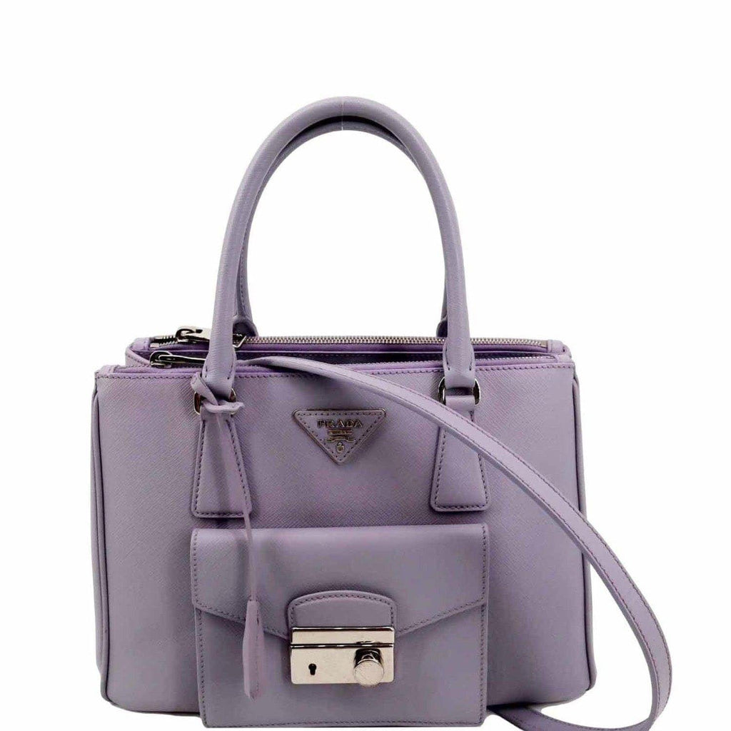 PRADA Front Pocket Double Zip Saffiano Leather Tote Shoulder Bag Light