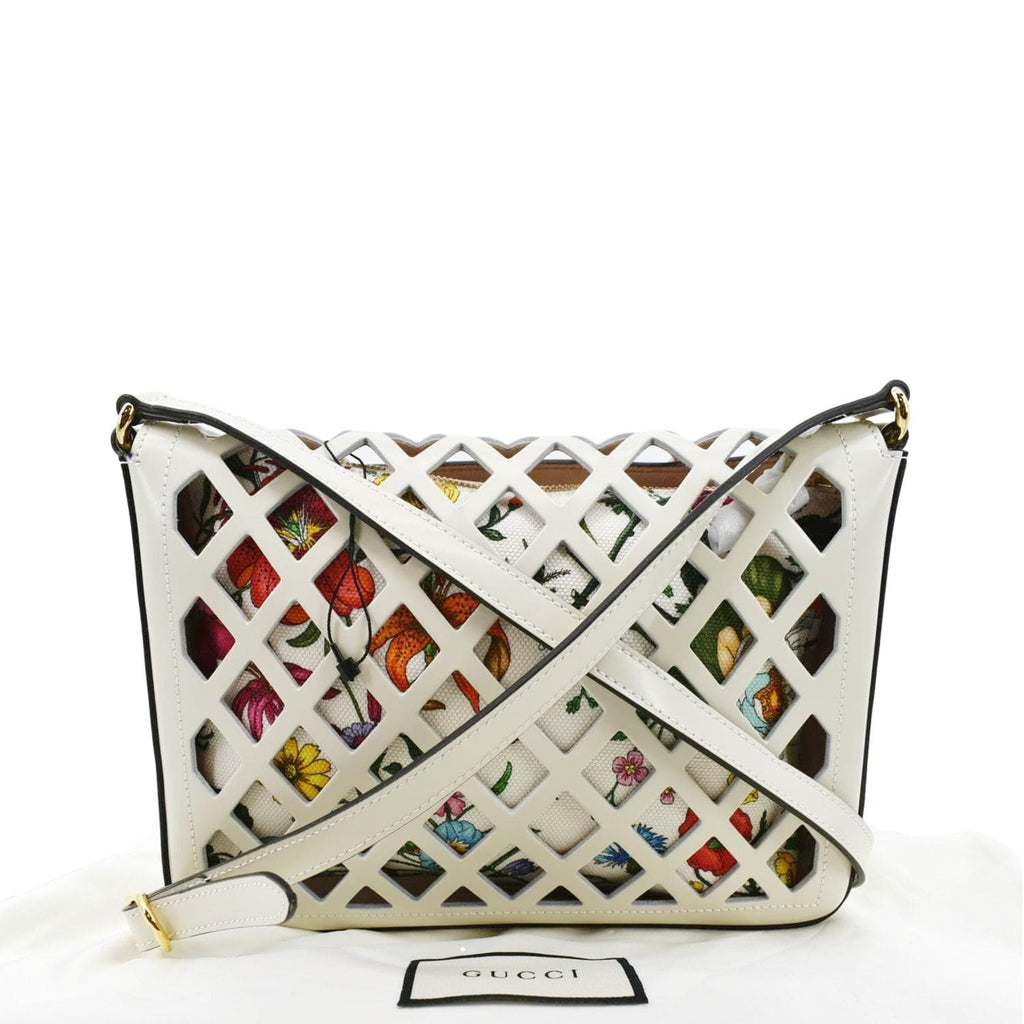 Gucci Cutout Medium Floral Canvas Shoulder Bag White