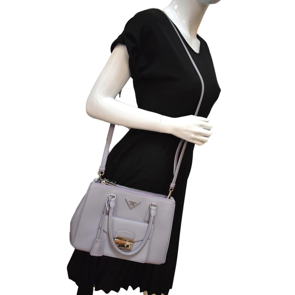 PRADA Front Pocket Double Zip Saffiano Leather Tote Shoulder Bag Light