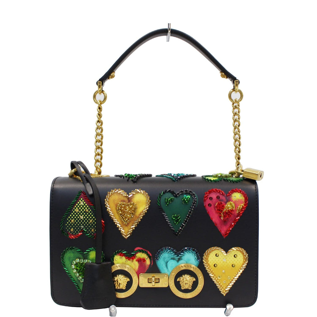 VERSACE Hearts Embellished Leather Shoulder Bag Black - 20% OFF