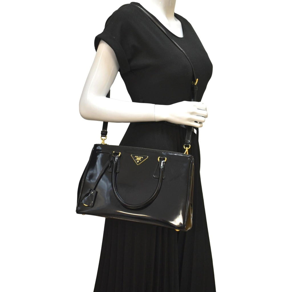 Prada Double Zip Patent Leather Shoulder Bag Black