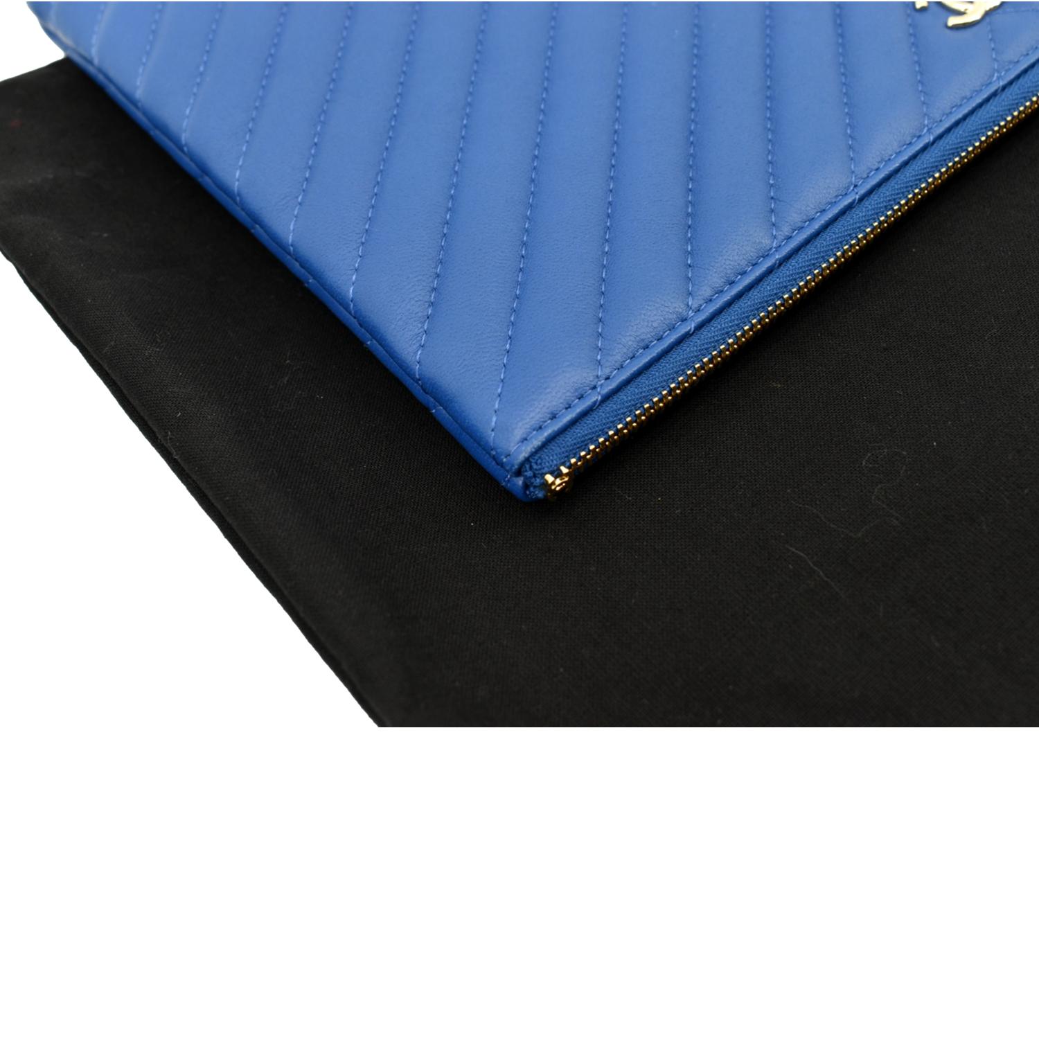 CHANEL O Case Chevron Leather Clutch Bag Blue