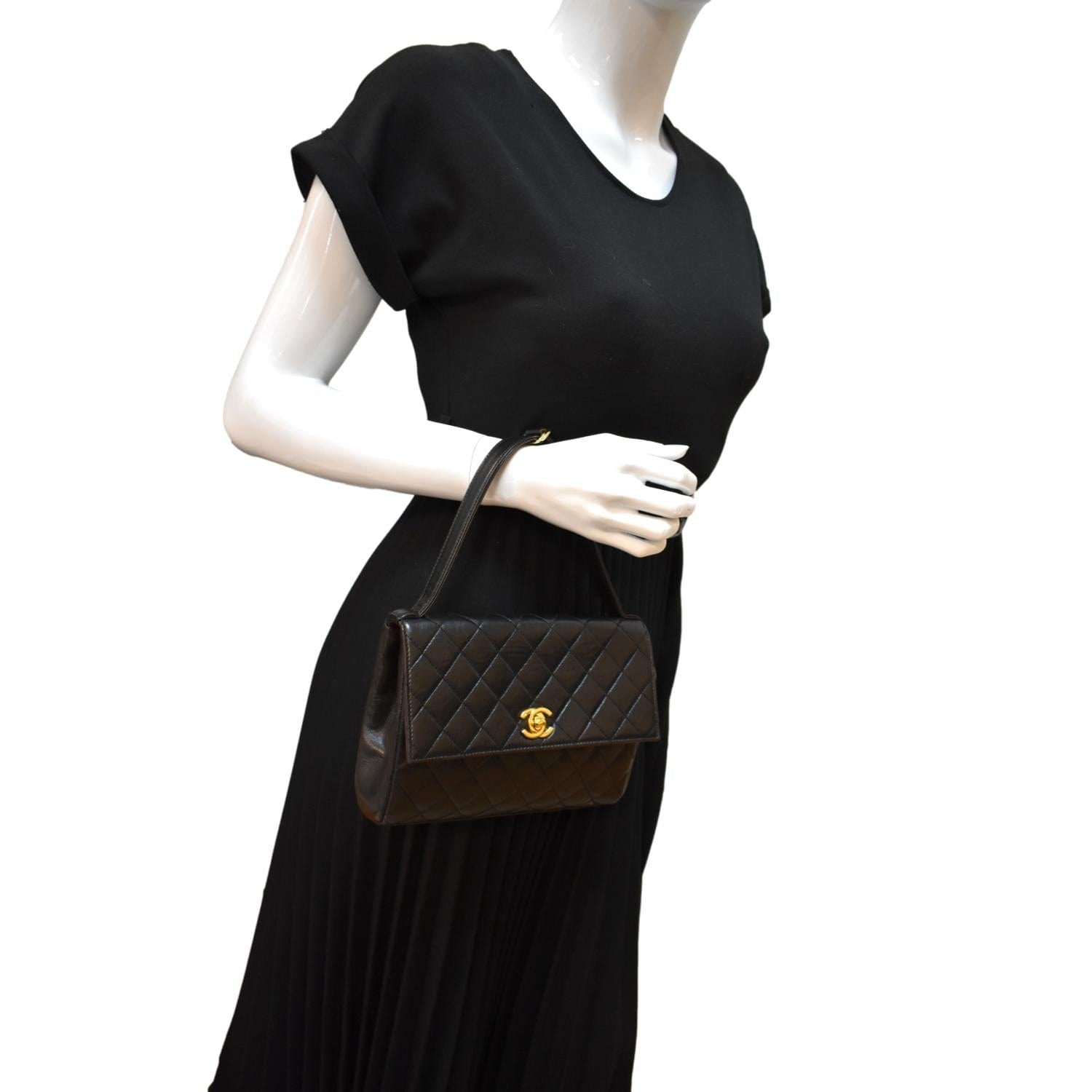 CHANEL Vintage Flap Quilted Leather Top Handle Bag Black