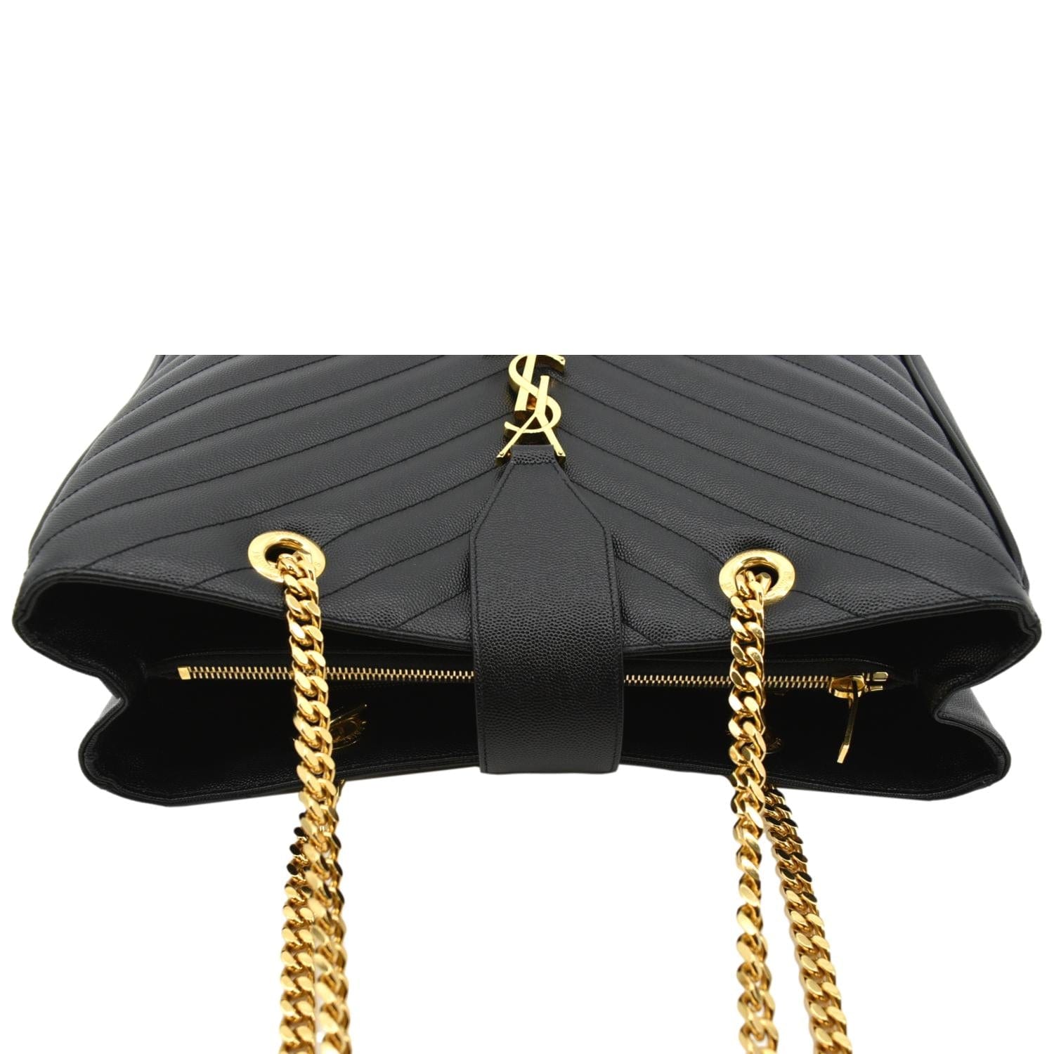 YVES SAINT LAURENT Chevron Leather Shopping Tote Shoulder Bag Black