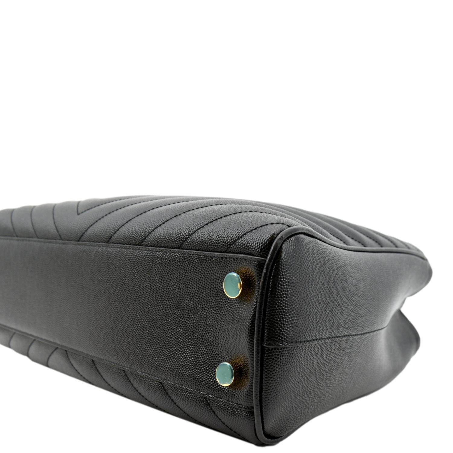 YVES SAINT LAURENT Chevron Leather Shopping Tote Shoulder Bag Black