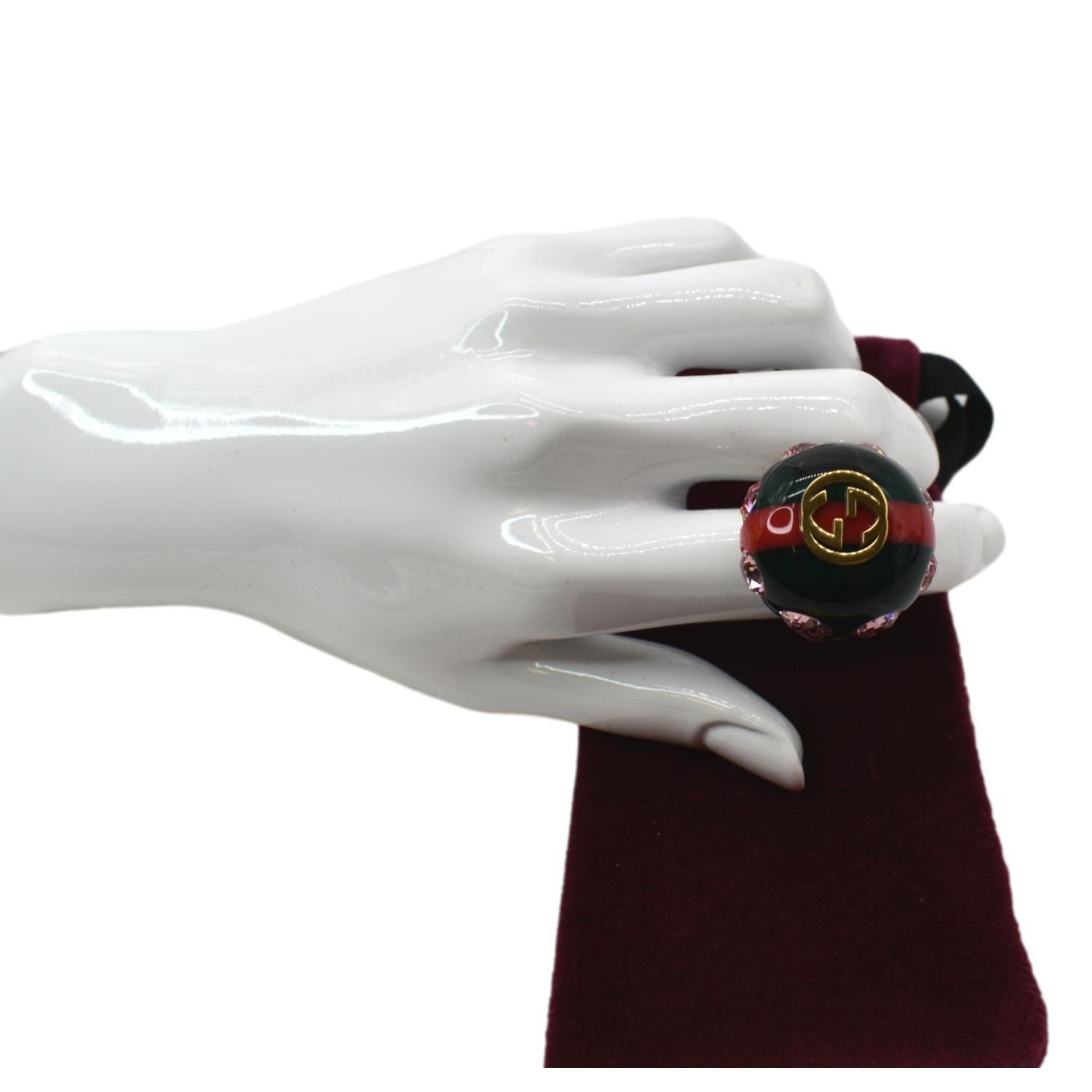 GUCCI Interlocking G Sylvie Metal Multicolor Stone Web Ring Gold
