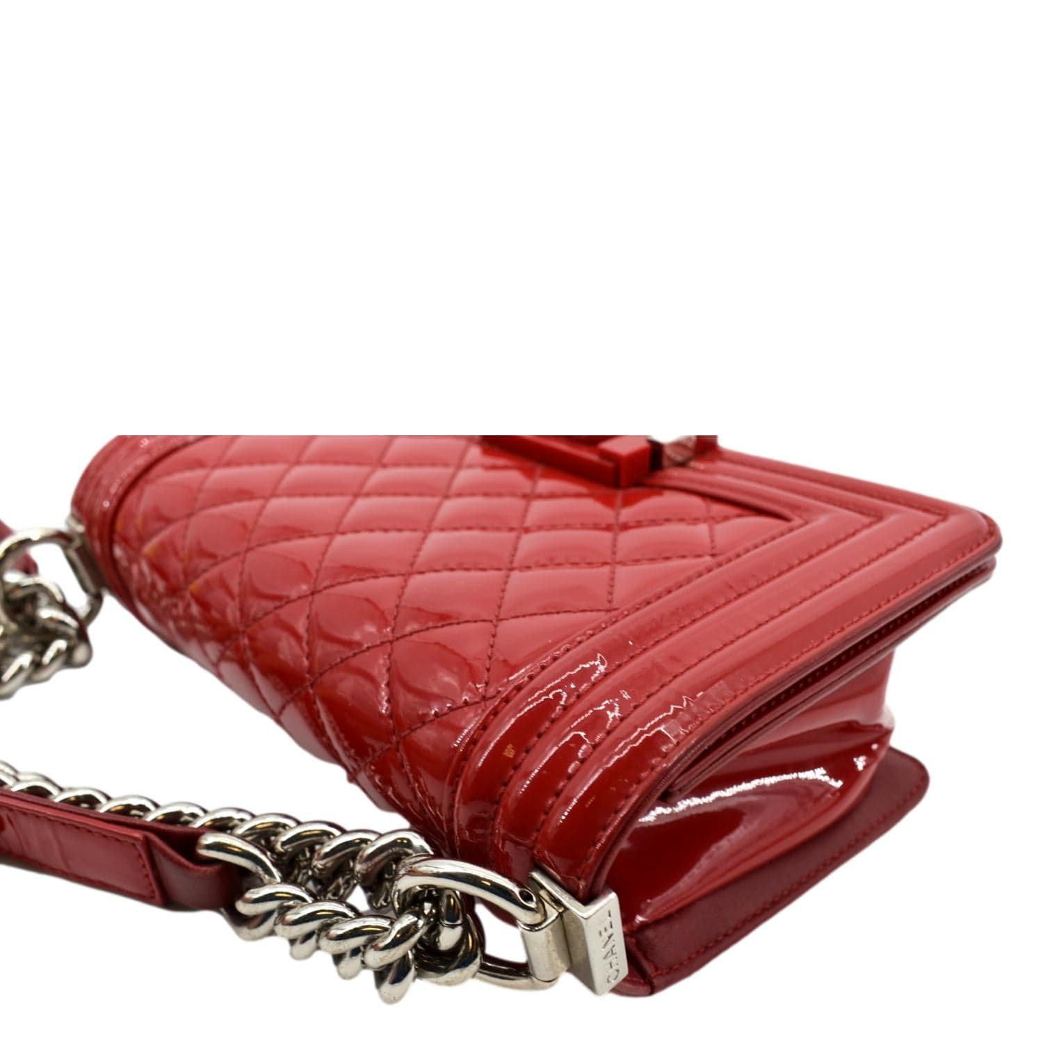 CHANEL Boy Flap Quilted Patent Leather Crossbody Bag Red