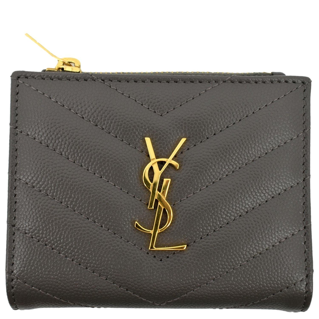 YVES SAINT LAURENT Monogram Compact Leather Zip Wallet Grey