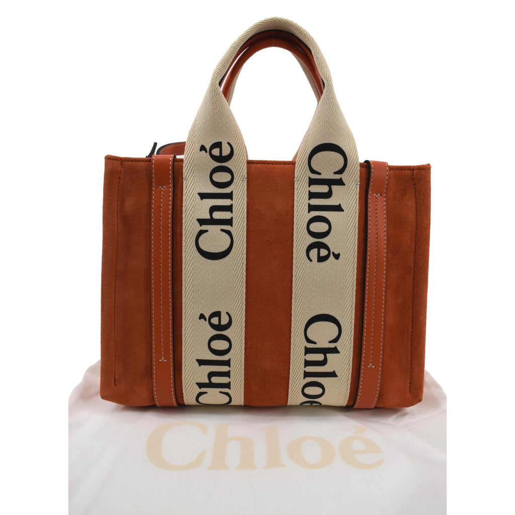 Chloe Woody Logo Small Suede Tote Shoulder Bag Orange