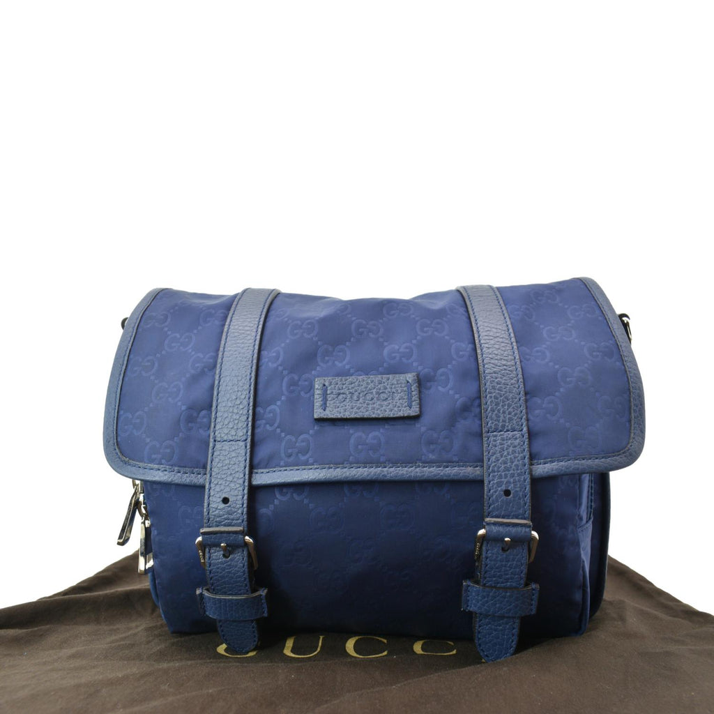 GUCCI Flap Double Buckle GG Monogram Nylon Messenger Bag Blue 510335