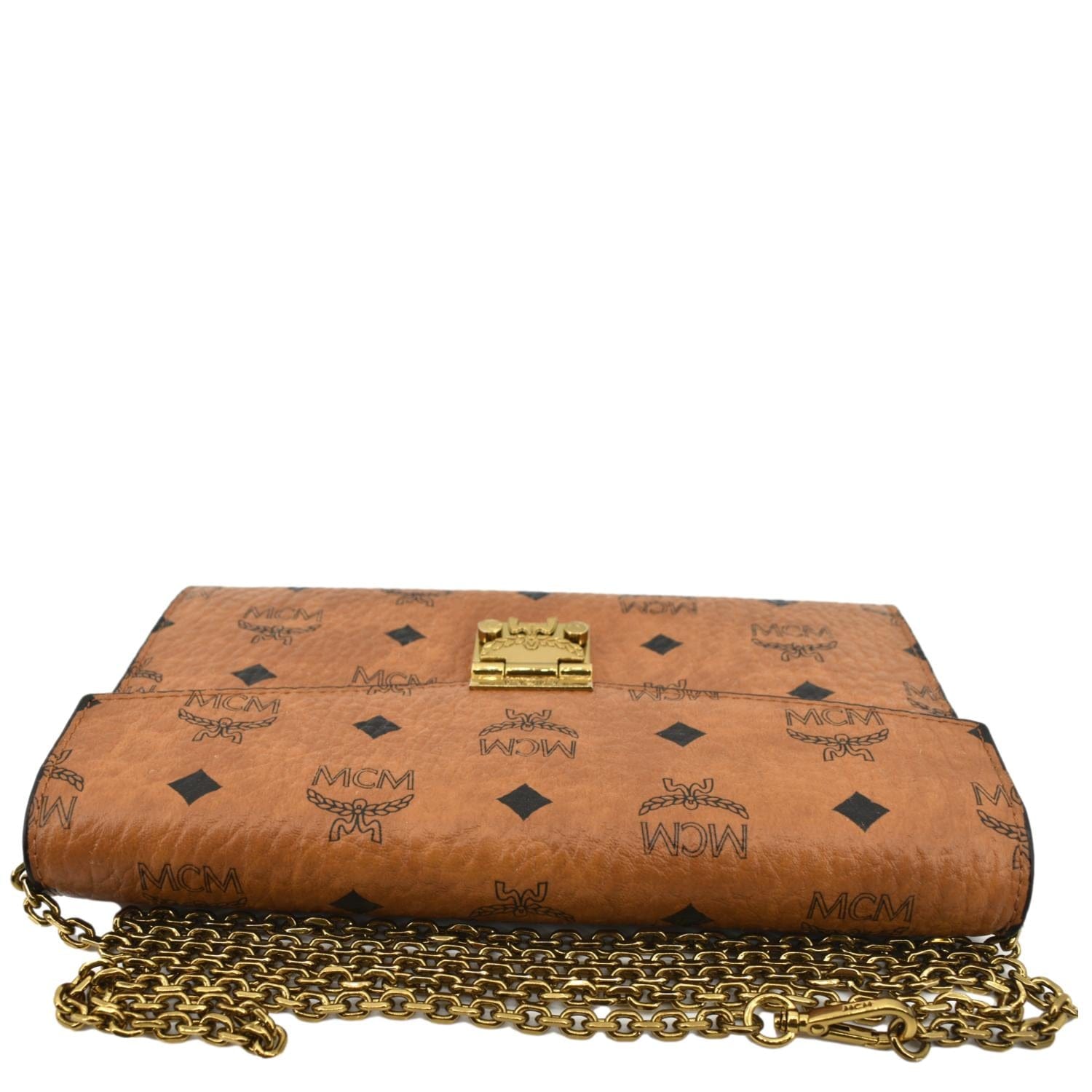 MCM Tracy Visetos Canvas Crossbody Chain Wallet Cognac