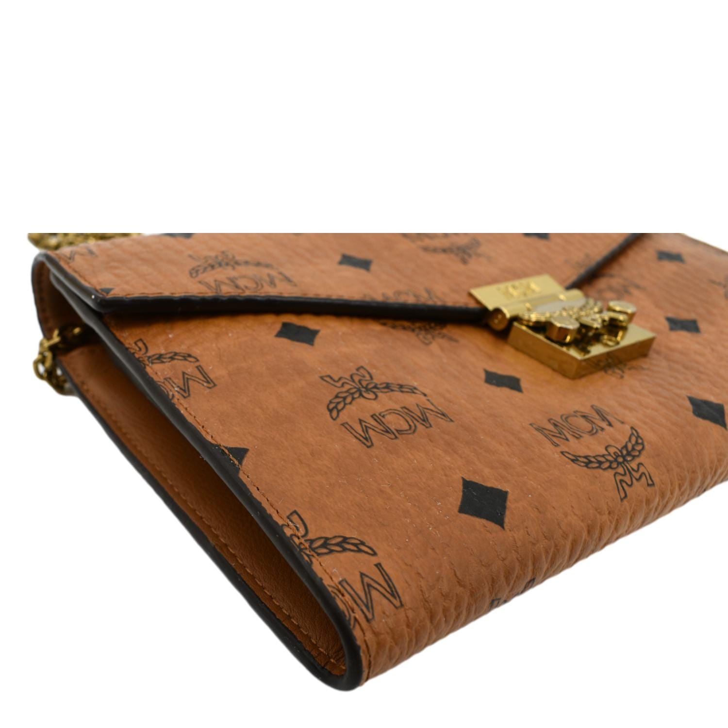 MCM Tracy Visetos Canvas Crossbody Chain Wallet Cognac